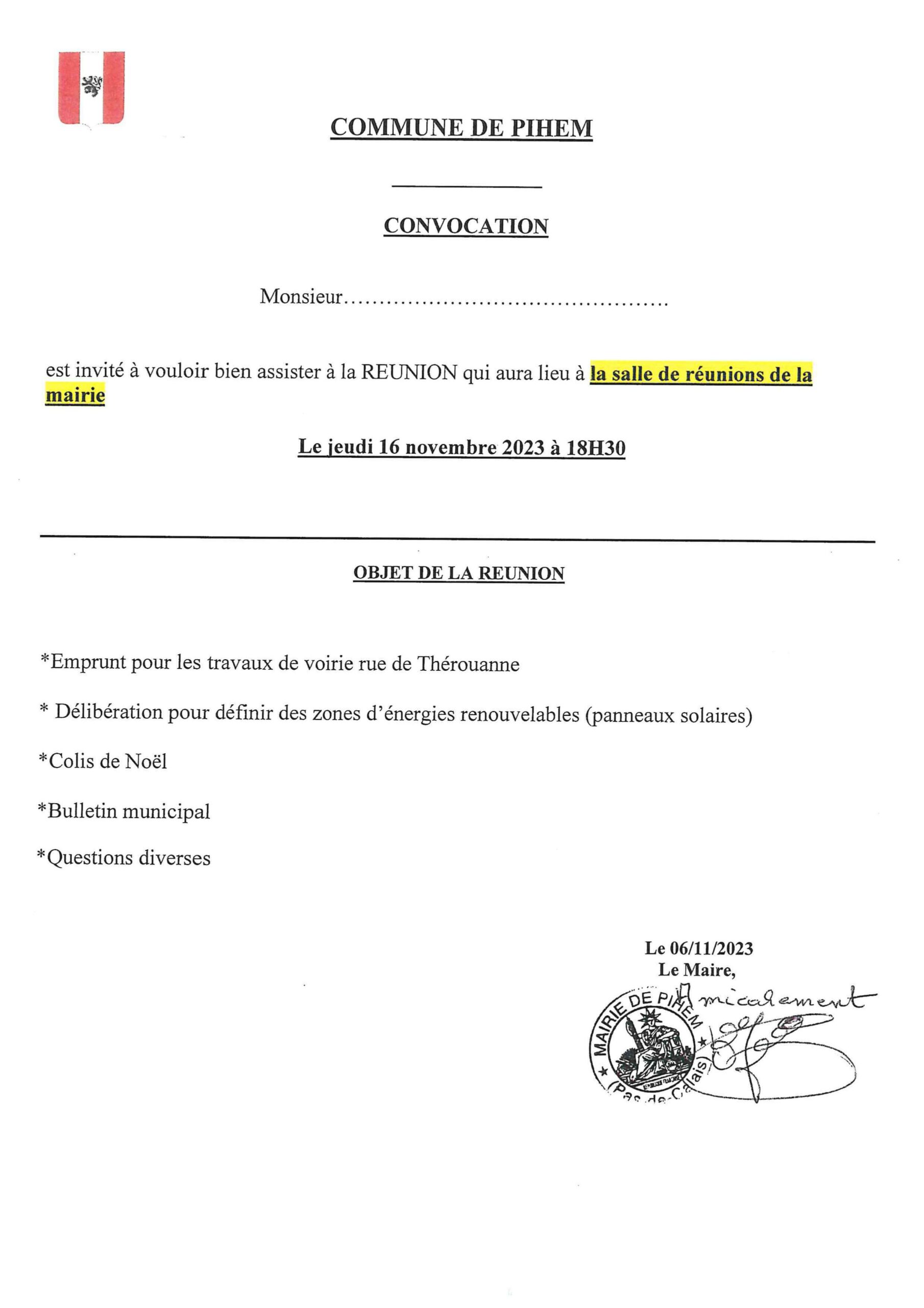 Convocation réunion du 16 novembre 2023 - Mairie de Pihem